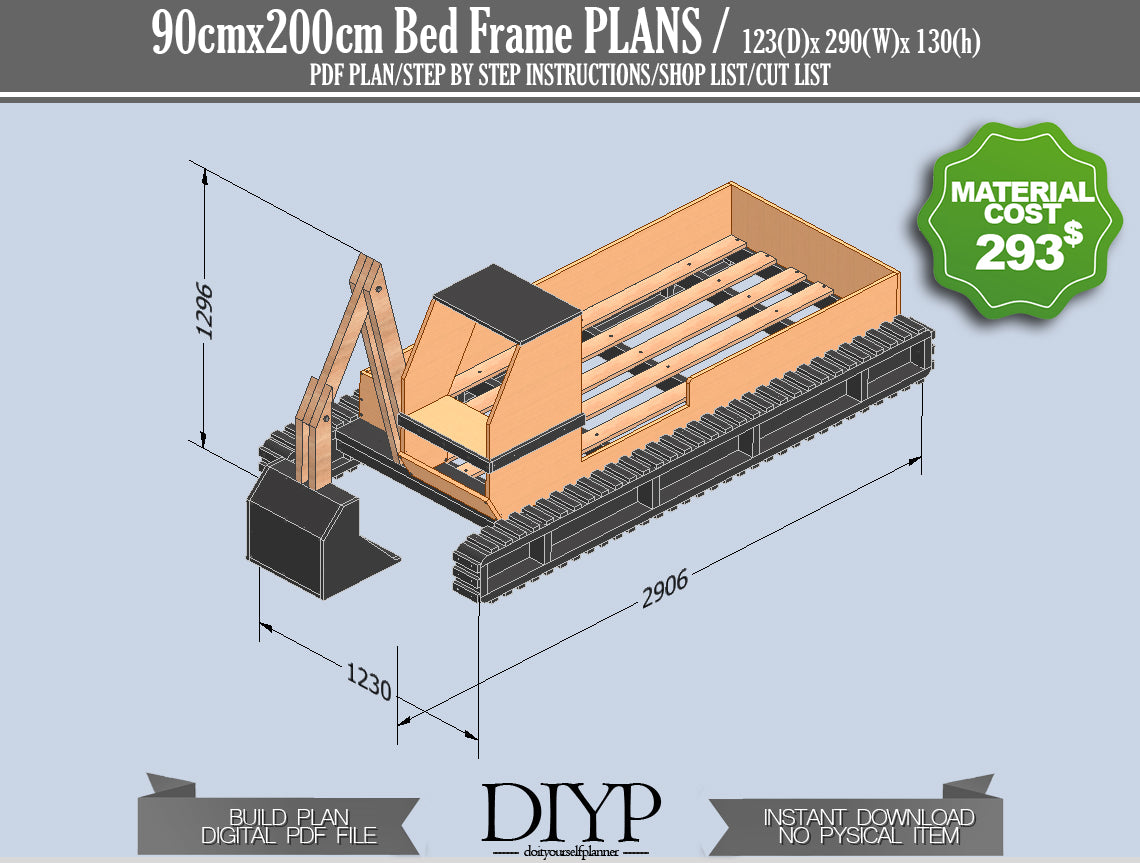 90x200cm bed frame plan, Excavator Bed Plans, Toddler bed Plan, Childr ...
